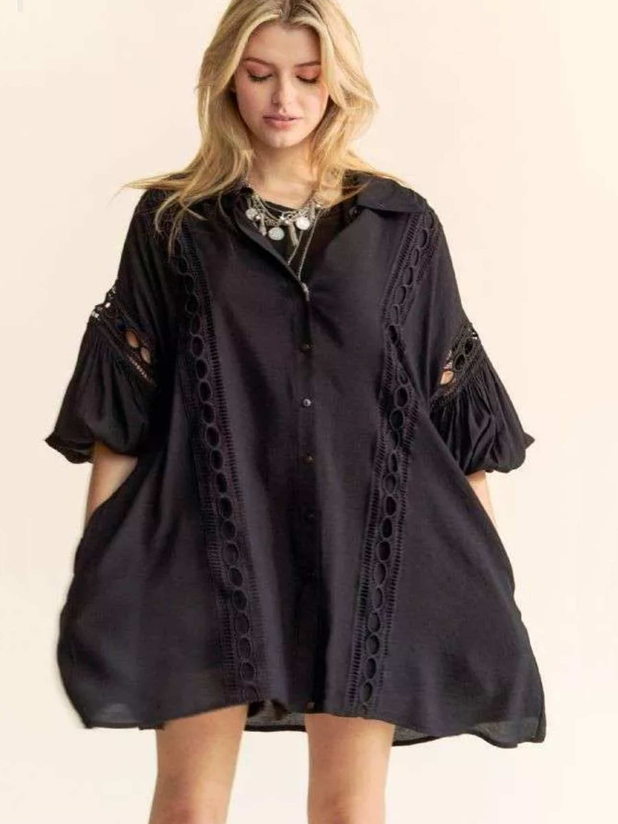 Black Crochet Loose Fit Button Down Shirt Dress | Davi and Dani ...