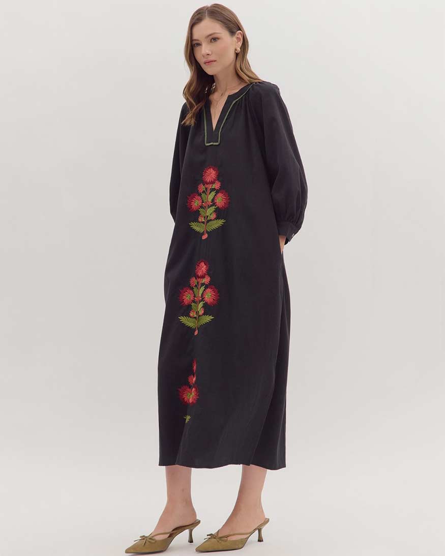 Entro Embroidered Floral Maxi Dress – Black Long Sleeve Dress with V ...