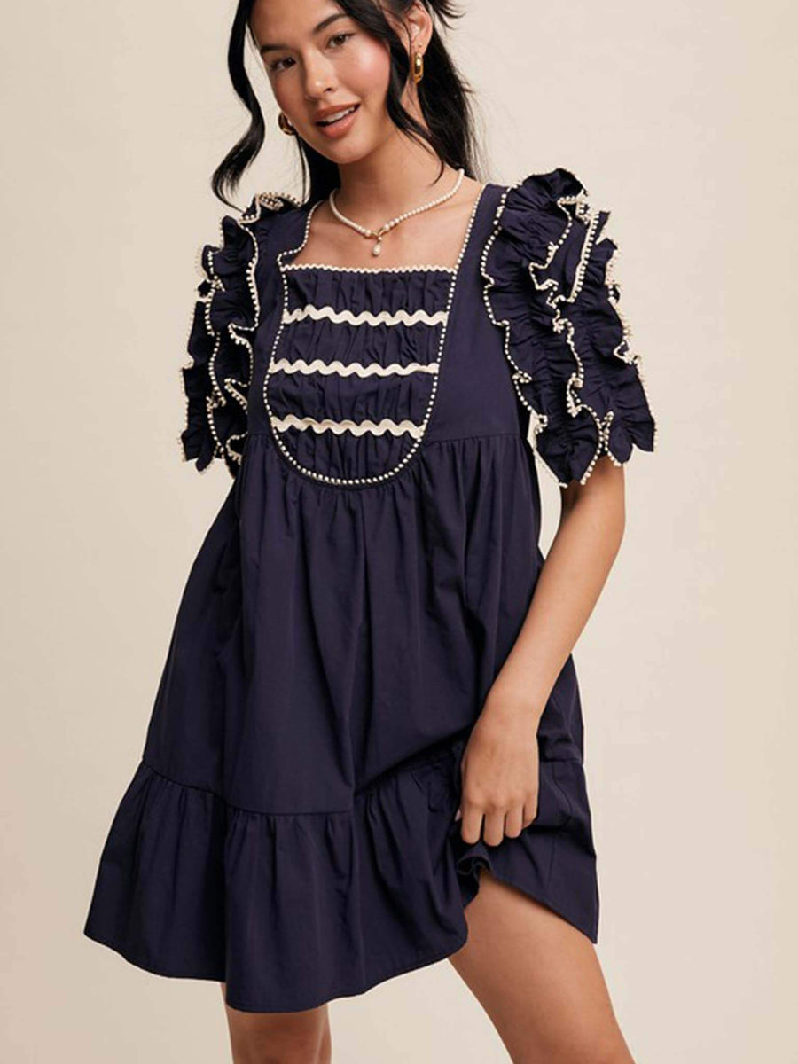 Navy and White Stitch Ruffle Mini Dress – Casual Camel Boutique