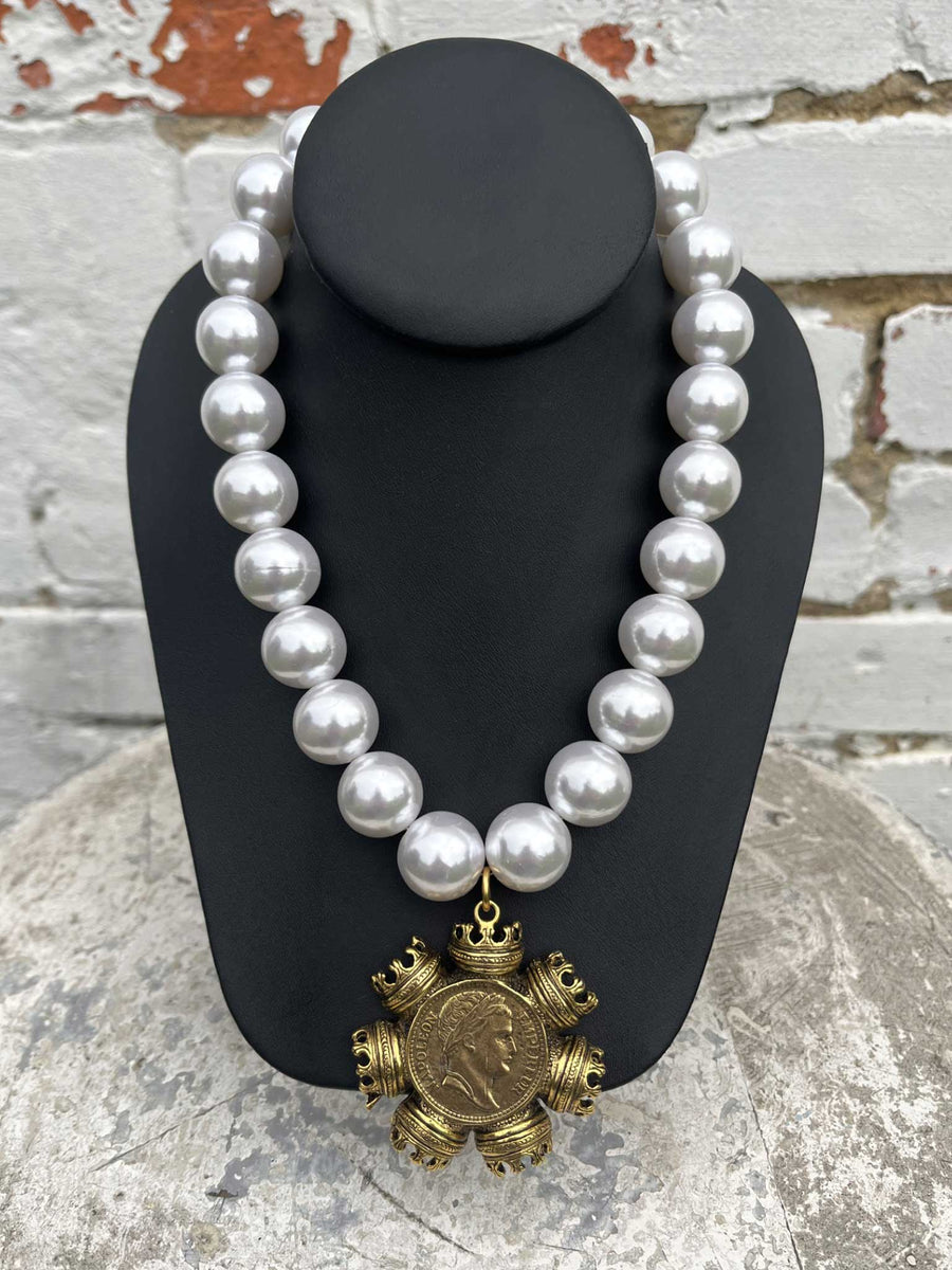 Isabella Large Pearl Coin Necklace | Statement Medallion Jewelry ...